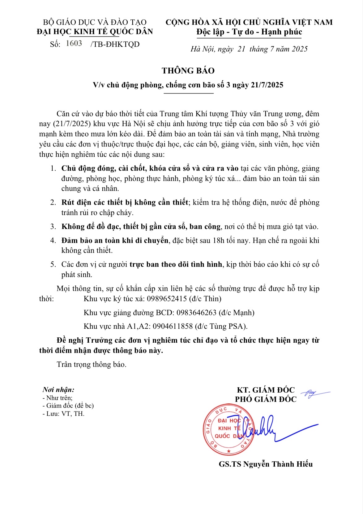 Thông báo v/v chủ động phòng, chống cơn bão số 3 ngày 21/7/2025 – NEU